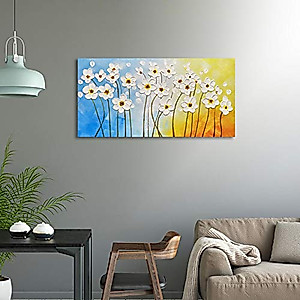 Muzagroo Art Hand Painted Dancing White Flowers Pallet Knife Oil Painting with Raised Texture on Canvas Modern Floral Wall Art for Living Room Bedroom Decor Ready to Hang