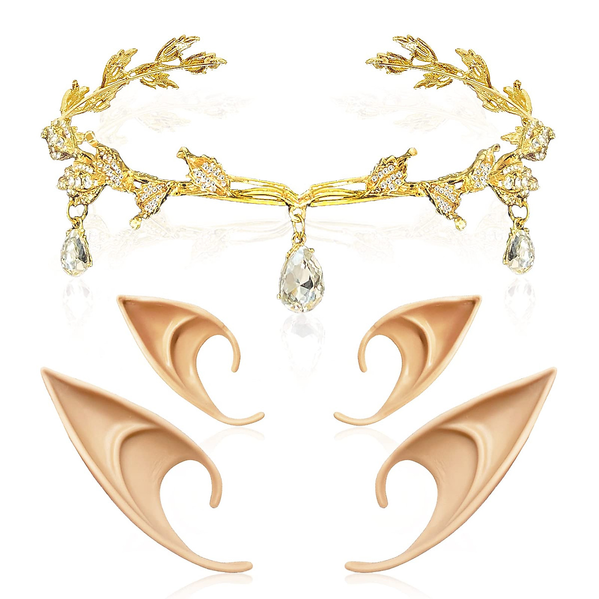 Rhinestone Leaf Wedding Tiara Headband with Fairy Elf Ears,Dress Up Costume Masquerade Accessories-1 Rose Gold Fairy Crown Headband+2 Pairs Cosplay Fairy Pixie Elf Ears for Halloween,Christmas,Wedding,Prom