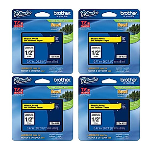 Brother Genuine P-Touch 4-Pack TZe-631 Laminated Tape, Black Print on Yellow Standard Adhesive Laminated Tape for P-Touch Label Makers, Each Roll is 0.47"/12mm (1/2") Wide, 26.2 ft. (8M) Long