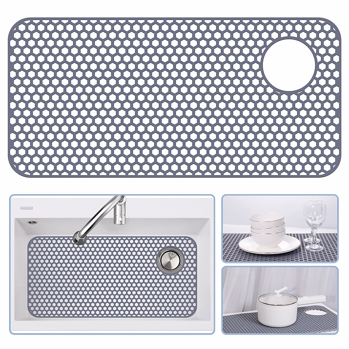 Silicone Sink Protectors for Kitchen Sink - 28.4"x 14.3" Kitchen Sink Mats Accessory, Non-Slip Heat Resistant Sink Mat for Bottom of Farmhouse Porcelain Stainless Steel Sink (Right Left Hole)
