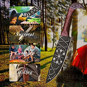 AFHZAM Viking Knife With Raven's Head Hilt & Leather Sheath | Hand Forged High Carbon Steel Blade | Camping Viking Engraved Fixed Blade Knives | Viking Gifts For Men (Kuk-114)