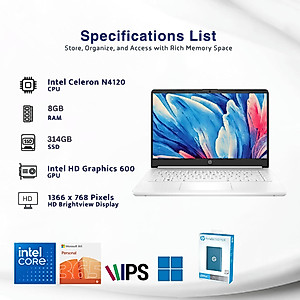 Hp Newest 14" Ultral Light Laptop, 314GB Storage(64GB eMMC+250GB Portable SSD), Intel Quad-Core N4120, 1 Year Office 365, HDMI, WiFi, USB-A&C, Long Battery Life, Win 11S (8GB RAM, White)