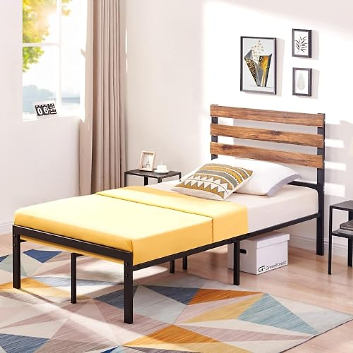 GreenForest Twin Bed Frame with Wooden Headboard Platform Bed with Metal Support Slats NO-Noise Heavy Duty Bed Industrial Country Style with 9 Strong Legs No Need Box Spring, Twin