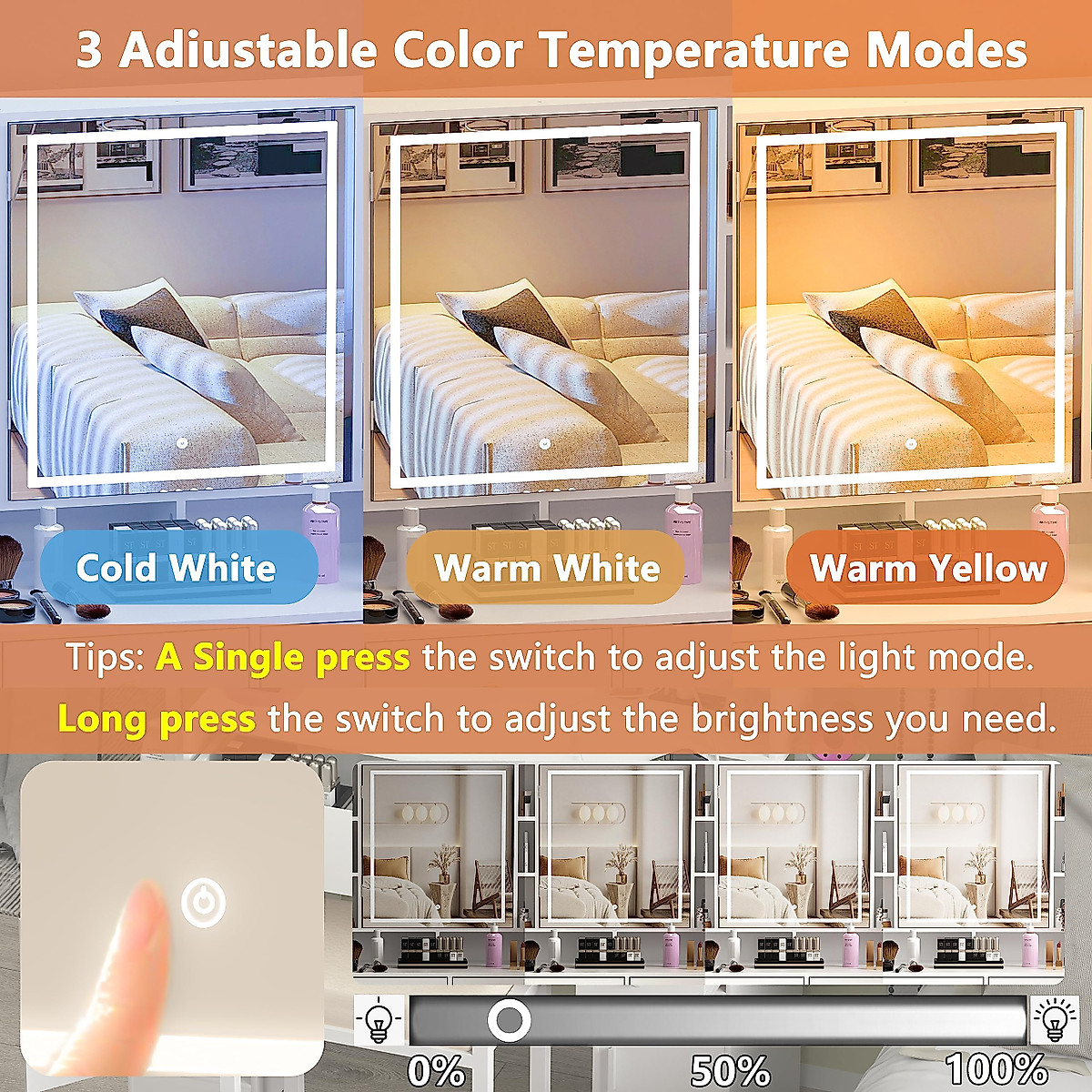 PAKASEPT Makeup Vanity with Lights,White Vanity Desk with Openable Mirror & 3-Color Dimmable, Charging Station, Makeup Desk with Drawer, Hooks, Hidden and Open Storage Shelves, Stool Set