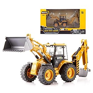 Gemini&Genius Backhoe Loader Toy for Kids- Loader with Changeable Front Loader and Backhoe Loader Construction Vehicle Toy 1/50 Scale 2 in 1 Digger and Loder Alloy Model Toys Vehicle Gifts for Kids