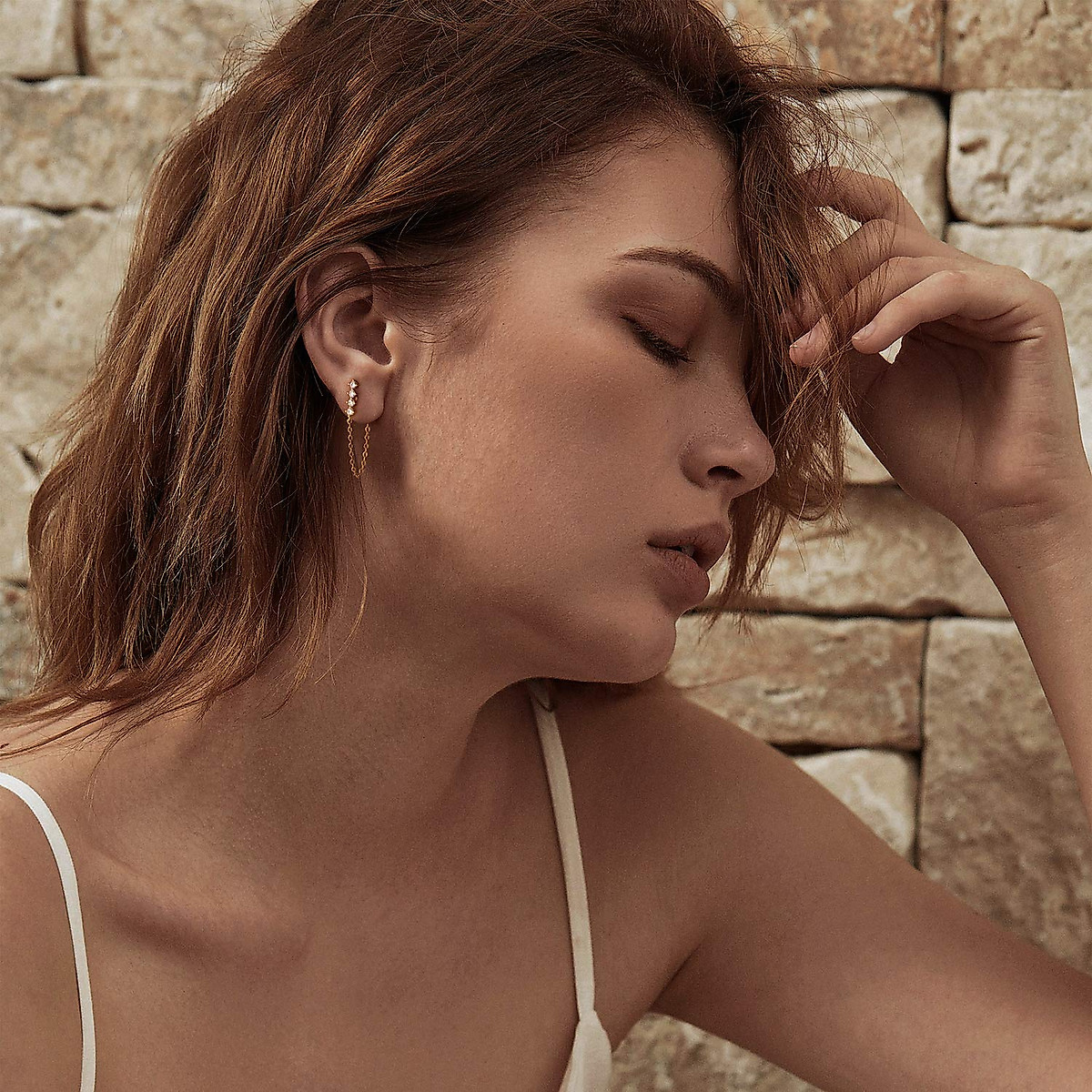 LOYATA Chain Stud Earrings Gold Bar Diamond Cubic Zirconia Dangle Drop 14K Gold Filled Dainty Small Simple Hypoallergenic Jewelry Gift for Women