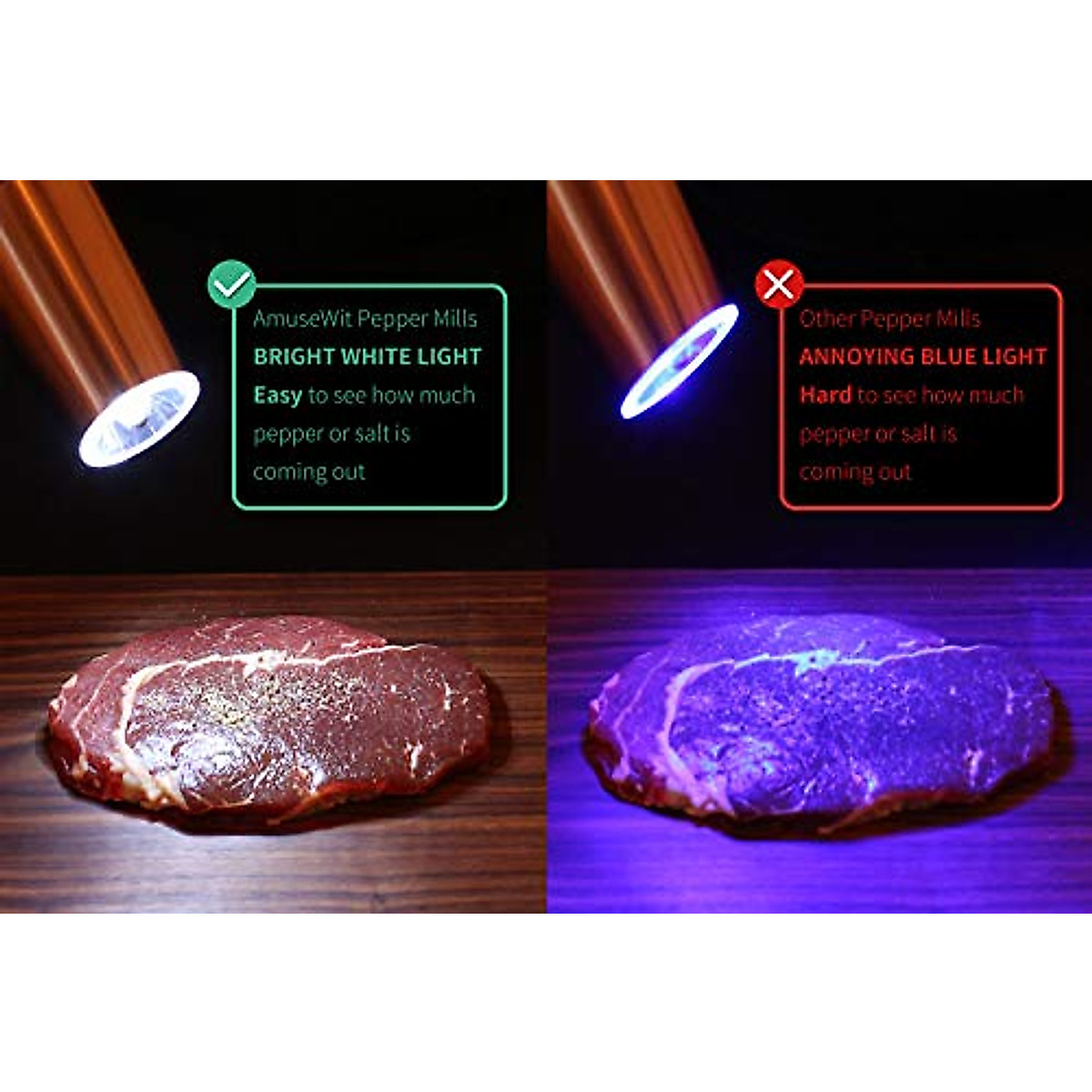 Gravity Salt and Pepper Mill Set - Battery Operated Automatic Salt and Pepper Mills,Adjustable Coarseness,One-Handed Operation,Utility Brush,Stainless Steel by AmuseWit