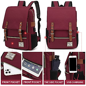 Mancio Vintage Slim Laptop Backpack for Women Men,Tear Resistant Business College Bag with USB Charging Port,Fits up to 15.6Inch Laptop in Red