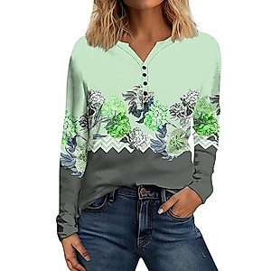 CzctKHun Long Sleeve Tops Long Sleeve Shirts for Women Womens Long Sleeve Shirts Womens Long Sleeve Tops V-Neck Pleated Pullovers Button Up Printing T-Shirt Comfy Tees Lightweight Sweatshirt