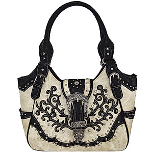 Western Style Tooled Leather Buckle Concealed Carry Purse Country Handbag Women Shoulder Bag Wallet Set (Beige Set)