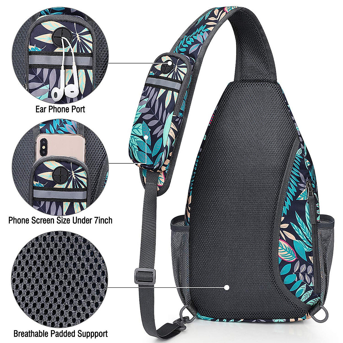 G4Free Sling Bag RFID Blocking Sling Backpack Crossbody Chest Bag Daypack for Hiking Travel(Blue Leaf)