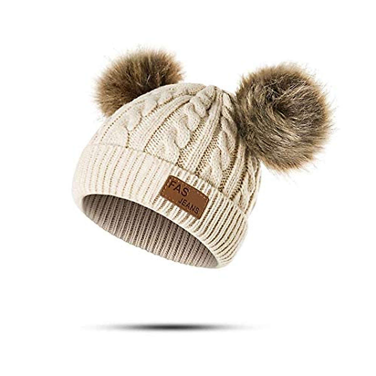 Infant Toddler Beanie Woolen Hat Pure Color Winter Twist Double Pom Pom Wool Knitted Cap for 0-3 Years Old (A- Beige, 0-3 Years Old)