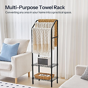 HOOBRO 47.8" Tall Freestanding Towel Rack for Bathroom, 3 Tier Stepped Blanket Rack with 2 Adjustable Shelves, Pool Towel Drying and Display Rack, Quilt Rack, for Living Room, Bedroom, Black BK25LB01