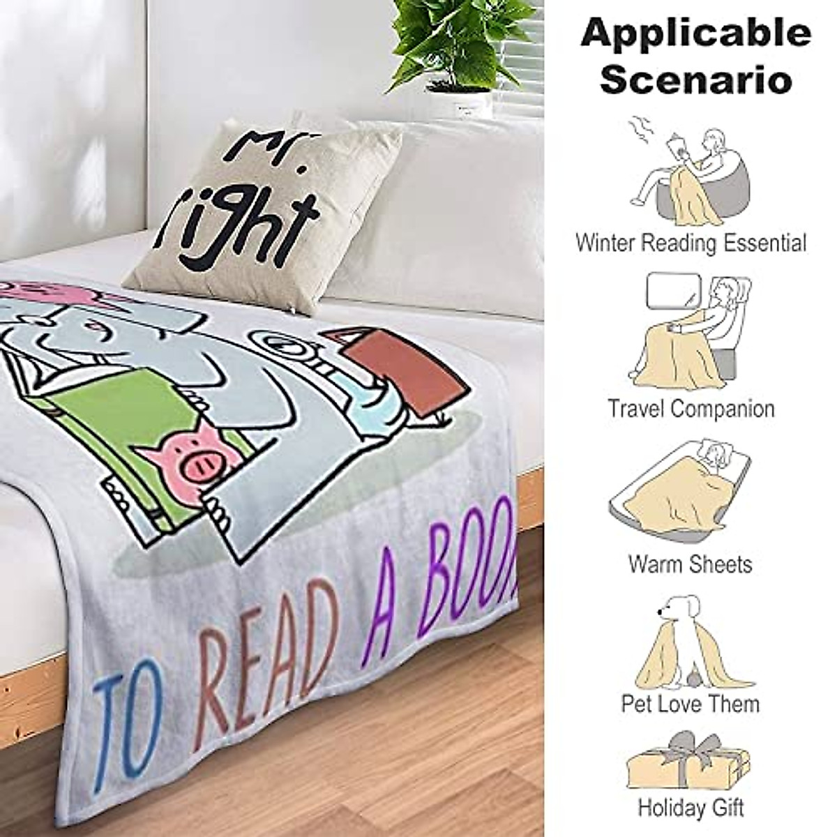 It's A Good Day to Read A Book Elephant and Piggie Blanket Soft Flannel Throw Blanket Gifts for Boys Girls Adults Comfy Cozy Couch Travel Blankets for Living Room, 50X60 Inches