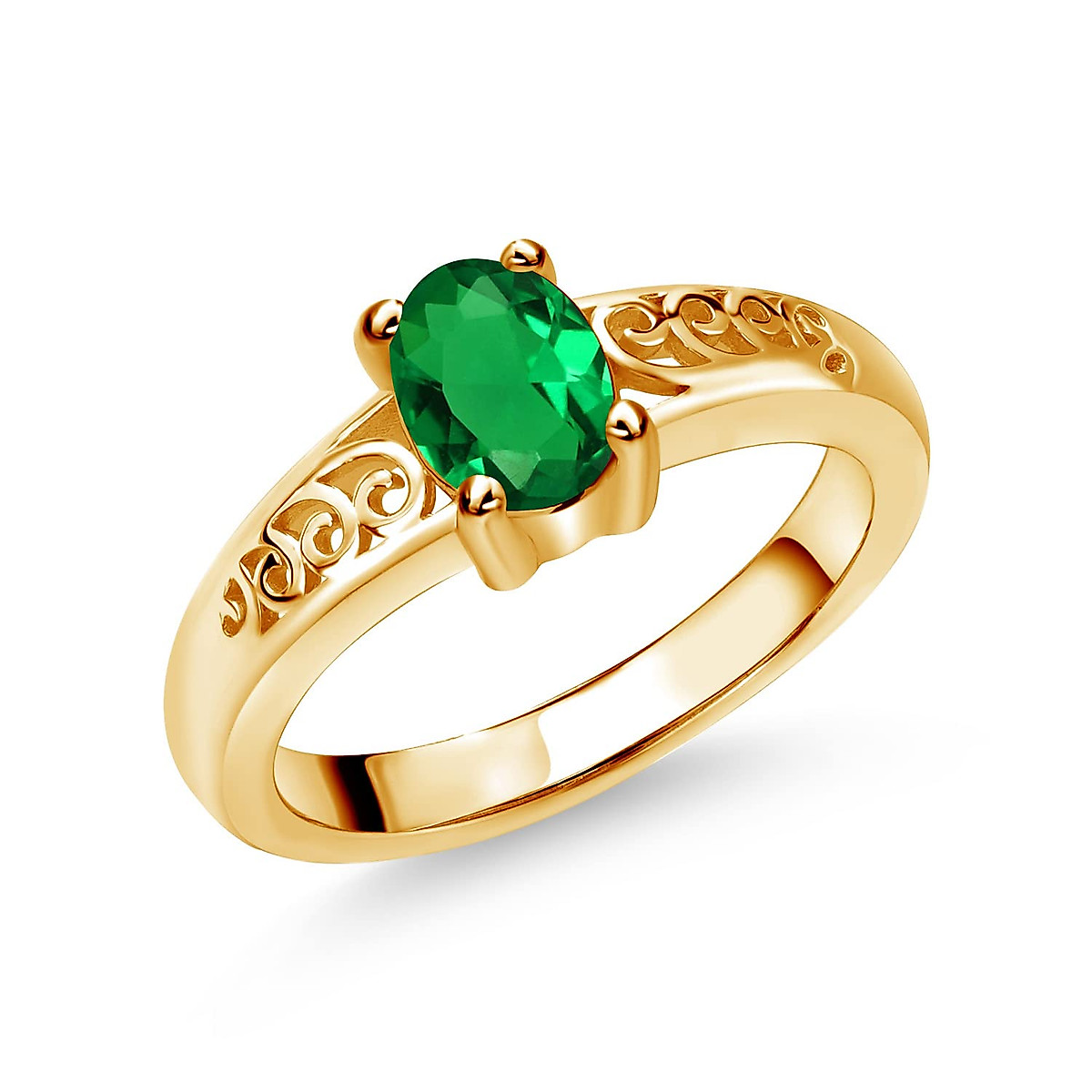 Gem Stone King 0.60 Ct Oval Green Simulated Emerald 18K Yellow Gold Plated Silver Baroque Style Ring (Size 7)