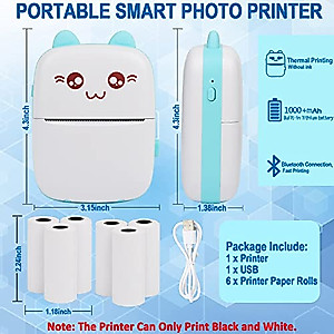 Portable Printer, Mini Pocket Wireless Bluetooth Thermal Printers with 6 Rolls Printing Paper for Android iOS Smartphone, BT Inkless Printing Gift for Label Receipt Photo Notes Study Home Office, Blue