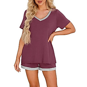 PrinStory Women's Pajama Set Short Sleeve Shirt and Shorts Sleepwear Pjs Sets with Pockets Purple Red-X-Large