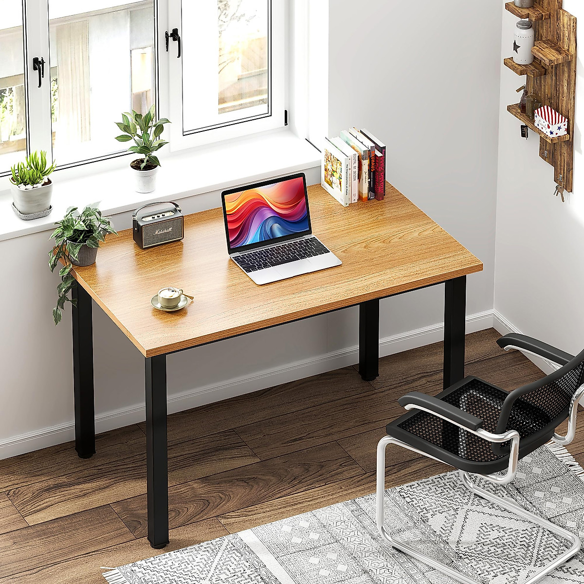 Need Small Desk, 31.5 inch Sturdy Writing Desk for Small Spaces, Small Computer Desk Teens Desk Study Table Laptop Desk Home Ofice Desk, Black Metal Frame, Teak