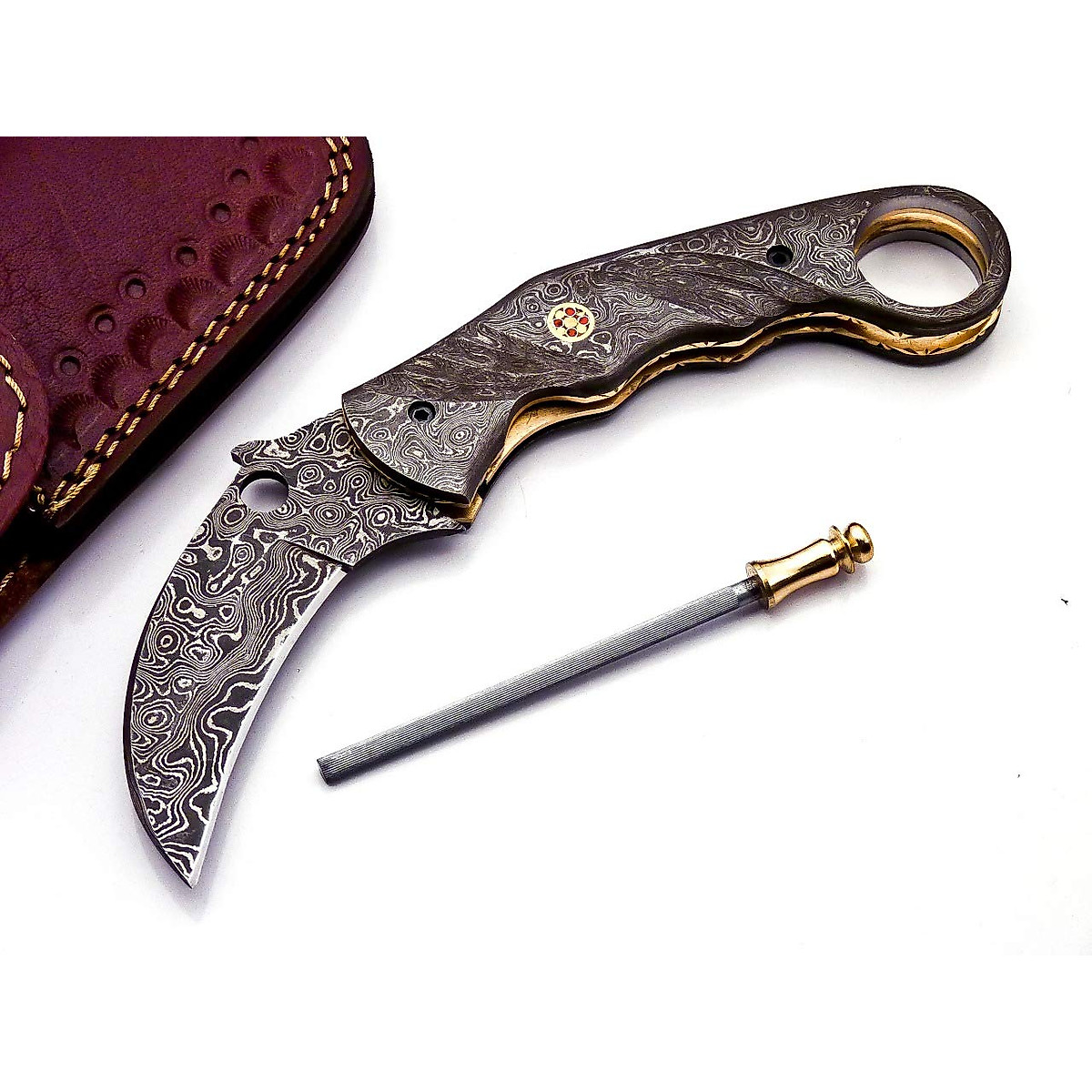 8.5" Handmade Damascus Folding Pocket Knife Karambit Knife Hunting Knife Handle Damascus Steel with Leather Sheath 108, 203