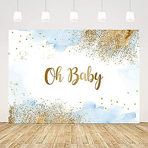 Sendy 7x5ft Oh Baby Backdrop for Boys Watercolor Pastel Photography Background Blue Clouds Gold Glitter Baby Shower Party Decorations Cake Table Banner Supplies Photo Studio Props