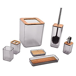 FIYO 7 Pcs Bamboo Bathroom Accessories Set, Bath Accessories Set with Soap Dish, Toothbrush Holder, Cup, Soap Dispenser, Trash Bin, Toilet Brush with Holder for Home Hotel(Grey)