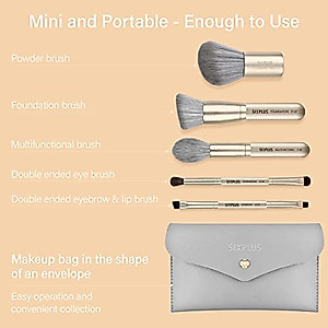 Travel Makeup Brushes Set with Case, SIXPLUS 5Pcs Champagne Gold Double Ended Professional Make Up Brush for Foundation Blush Powder Eyeshadow Blush Eyebrow Lip, Portable Storage Bag, Best Gift Kit