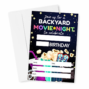 Backyard Movie Night Birthday Invitations, Outdoor Movie Birthday Party Invites Decorations, Kids Adults Birthday Party and Events Supplies, 20 Fill-in Invites Cards with Matching Envelopes（YQK-027）