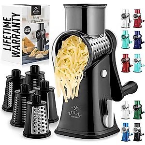 Zulay Rotary Cheese Grater 5 Blade Cheese Shredder - Manual Hand Crank Cheese Grater With Reinforced Suction & 5 Interchangeable Drums - Easy to Use, Vegetable Chopper Round Mandoline Slicer - Black