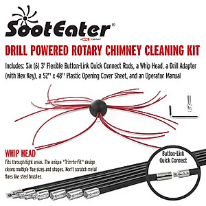 SootEater Rotary Chimney Cleaning System - Gardus RCH205-B Chimney Sweep Kit, Cleans Open Chimneys up to 18' with 6 Flexible 3' Rods, Chimney Cleaning Kit with Trim-to-Fit Spinning Chimney Whip