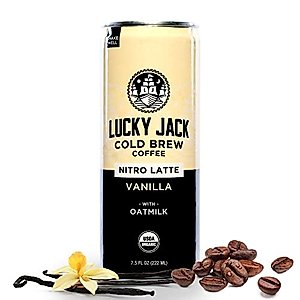 Lucky Jack Cold Brew Coffee Vanilla - Draft Pour Nitro Latte w/Oat Milk, 130mg Caffeine Per Serving - Gluten Free, Nut Free, Kosher & USDA Certified Organic - (12 Pack, 7.5oz Cans)