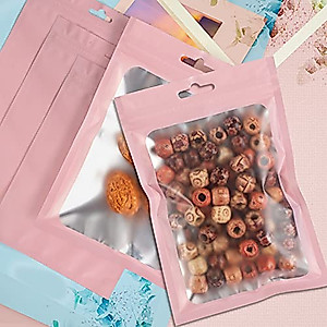 100 Pieces Resealable Mylar Bags with Ziplock and Clear Window Bags Packaging Bags Foil Pouch Ziplock Bags for Food Self Sealing Storage Supplies (Pink, 4.72x7.1 inches)