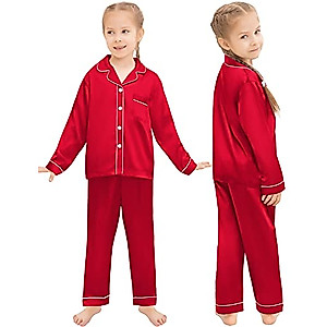 SWOMOG Womens Silk Satin Pajamas Set Long Sleeve Sleepwear Button-up Pjs Gifts Nightwear 2pcs Loungewear Red