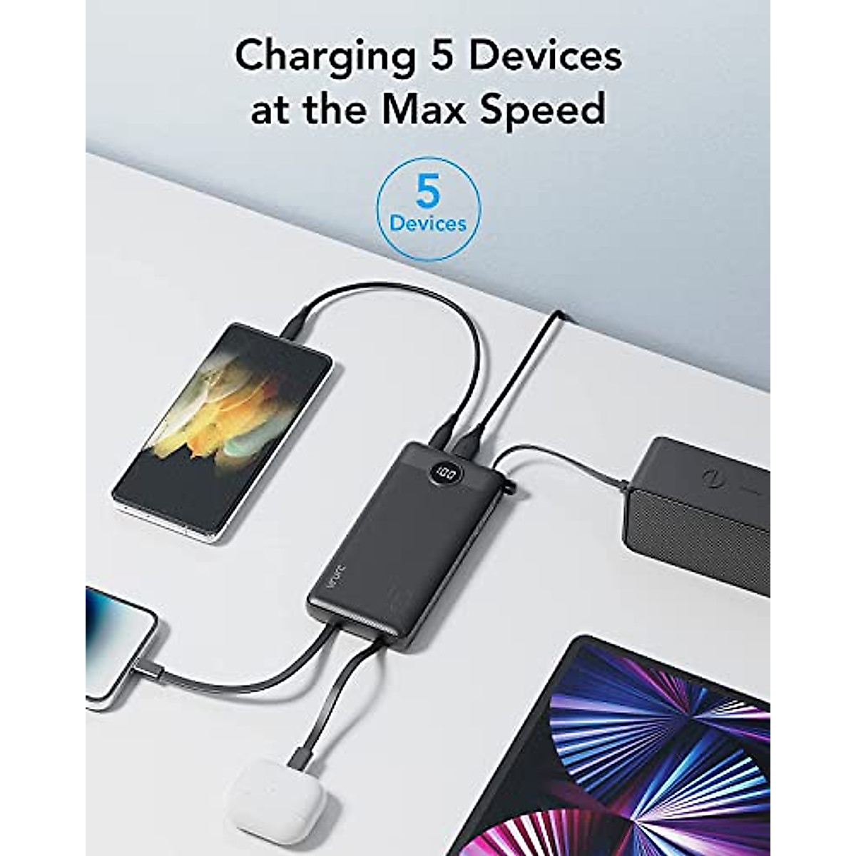 VRURC Portable Charger with Built in Cables, 10000mAh Ultra Slim USB C Power Bank,5 Output 2 Input LED Display External Battery Pack Phone Charger Compatible with Smart Devices and Cell Phones-Black