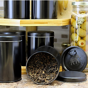 Double Seal Tea Canisters (6-Pack); Black Metal Round Tea Tins w/ Interior Molded Plastic Seal