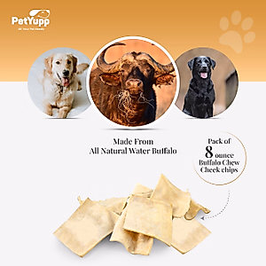 PetYupp Water Buffalo Cheek Chips (3" X 3") Dog Chews - 8 oz - Natural Dog Treats - For Small, Medium & Large Dog, High-Protein, Low-Fat & Easy Digest Dog Treats, Promotes Dental Health - No Additives