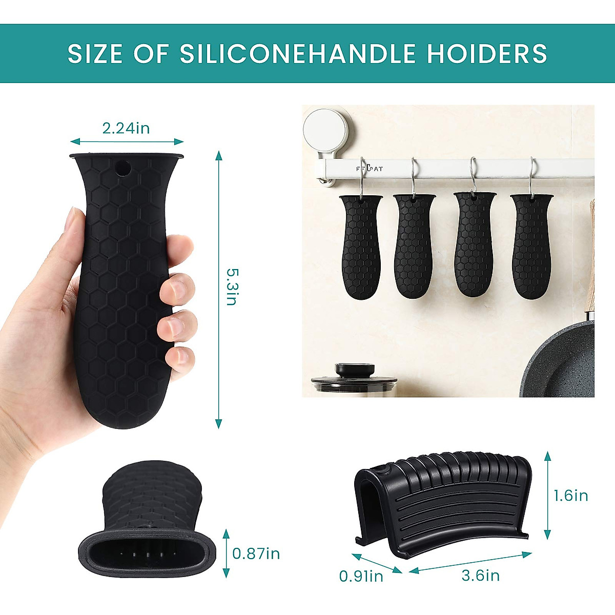 8 Pieces Silicone Hot Handle Holder Non Slip Pot Holders Cover Assist Hot Pan Handle Rubber Heat Resistant Pot Sleeve Grip Cookware Handle for Frying Cast Iron Skillet Metal Pan (Black)