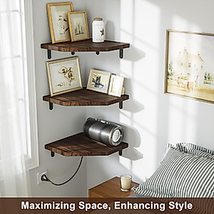 Alsonerbay Corner Shelf Wall Mount, Set of 3 Floating Corner Shelves with Cord Hole, Rustic Wood Shelves for TV, Speaker, Cable Box, Game Console for Bedroom, Kitchen, Living Room Carbonized Black