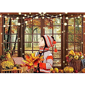 PGSWEER 7x5ft Fall Forest Window Backdrop Thanksgiving Autumn Photography Background Give Thanks Fall Family Party Photo Shoot Studio Prop