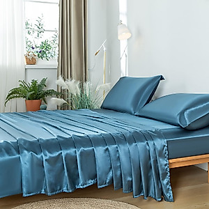 Revdomfly 4 Pcs Full Size Luxury Silky Soft Navy Blue Satin Sheet Set,1 Premium Moisture Wicking Fitted Sheet Fits Up to 16 Inches Deep Pocket + 1 Flat Sheet + 2 Pillowcases（Navy Blue, Full）