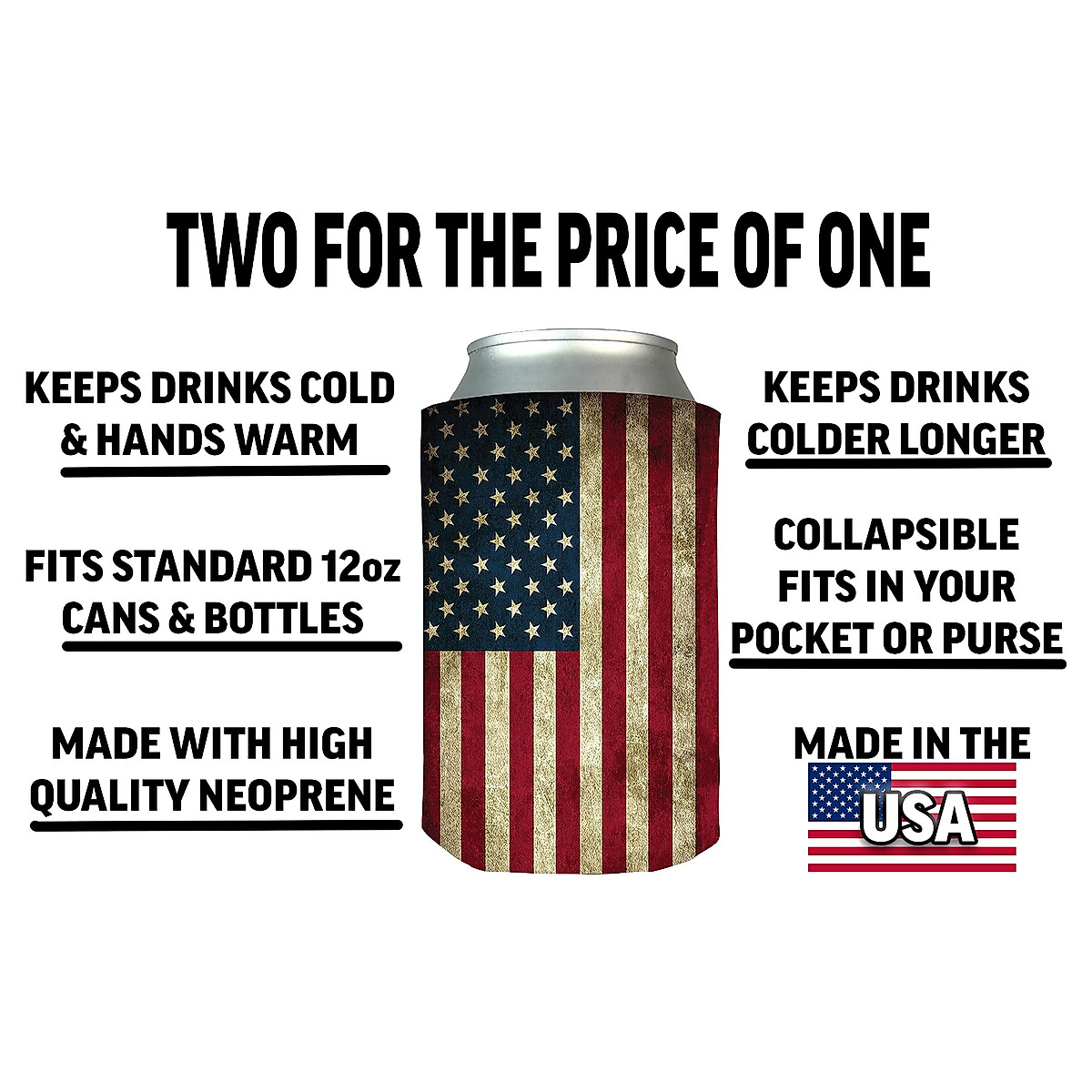 Rogue River Tactical USA Flag Pledge Of Allegiance, Rustic Flag Bundle Collapsible Beer Can Bottle Beverage Cooler Sleeves 2 Sets of 2 Packs Gift Set Combo