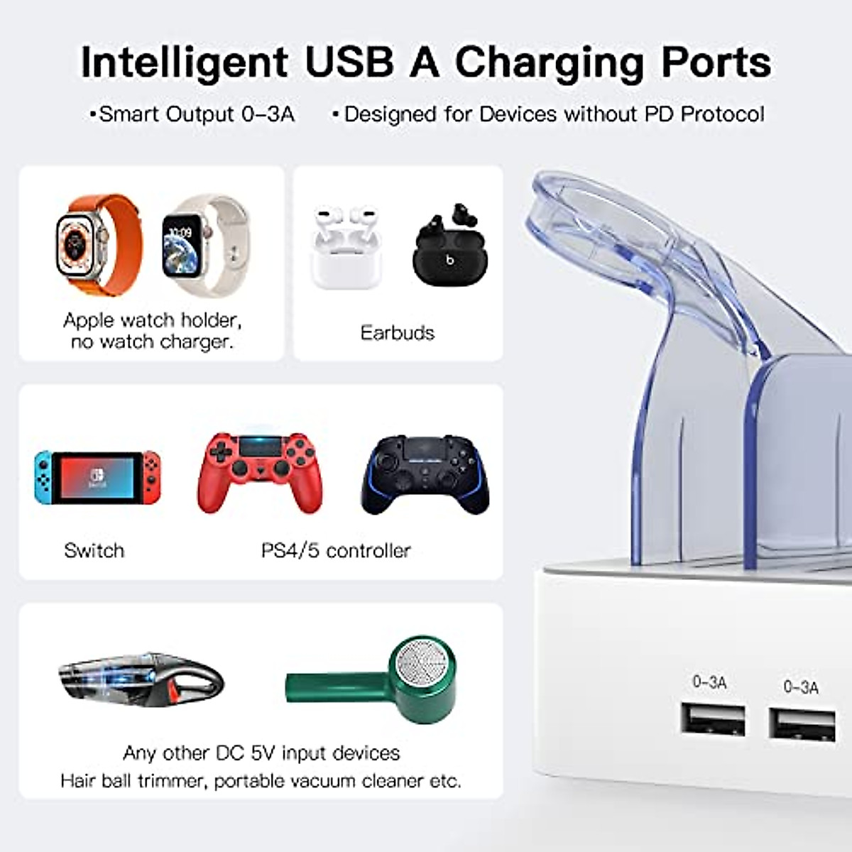 MSTJRY Fast Charging Station - USB C and USB A, 90W 5-Port PD Charger Station for Multiple Devices Apple Designed for iPad, iPhone 14 13 12 Series Galaxy Note 20 S21 S22 Tablet, Holder for Apple Watch