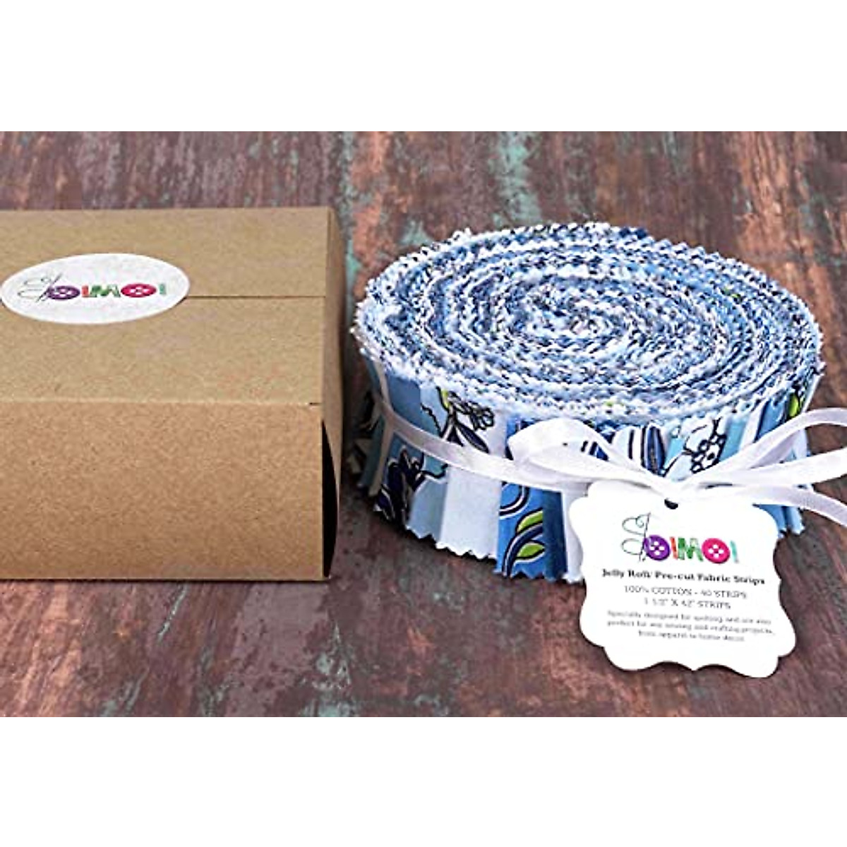 Soimoi 40Pcs Block Print Precut Fabrics Strips Roll Up 1.5x42inches Cotton Jelly Rolls for Quilting - Blue