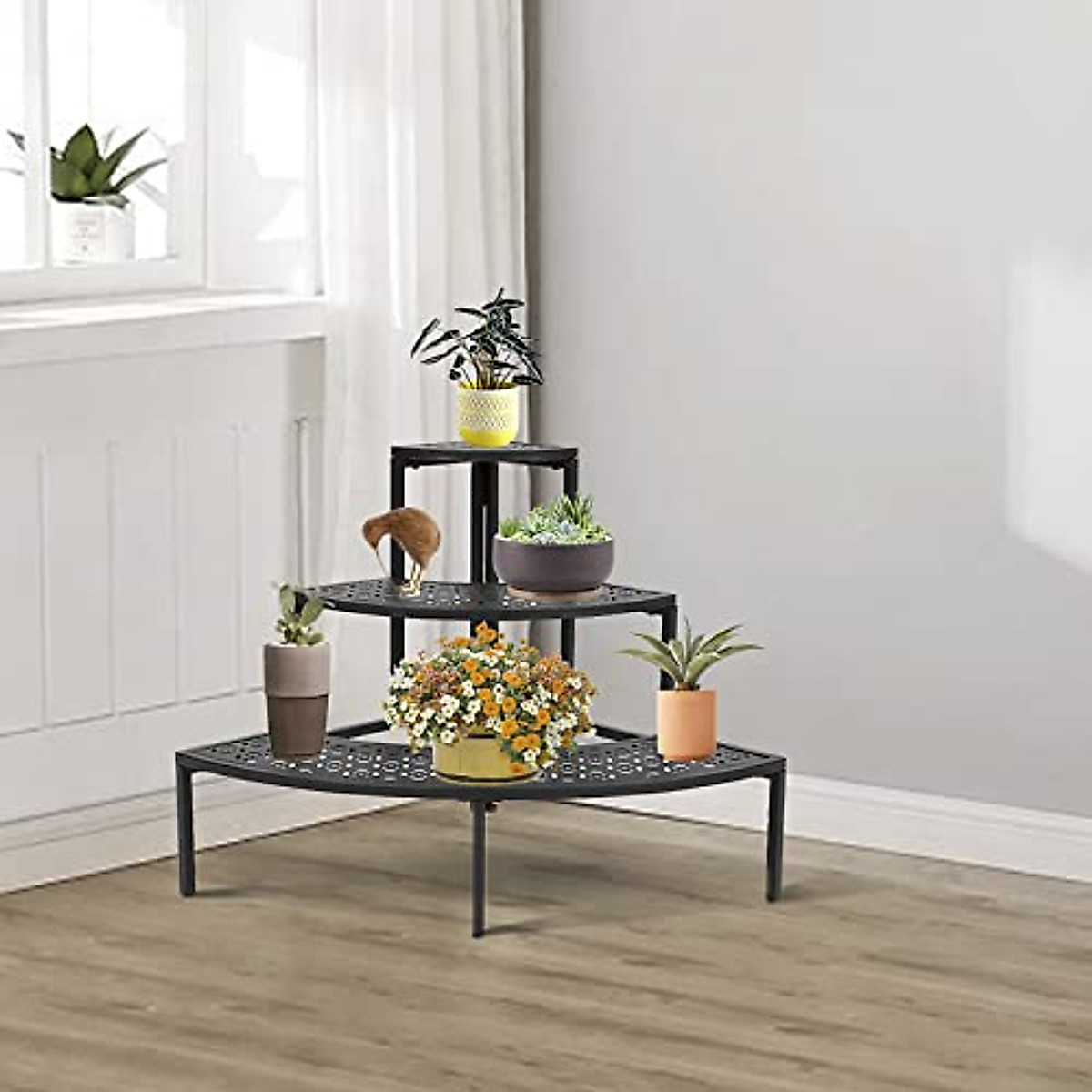 3-Tier Metal Plant Stand Indoor - Tiered Outdoor Plant Holder for Flower Pot Display, Garden Ladder Shelf Flower Step Mofesun (Quarter Round)