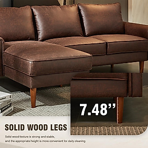 HOOOWOOO 81.51" L Shaped Couch Mid Century Modern Sectional Couch Brown Faux Leather Sofa with Left Chaise 3-Seater Rolled Arms Solid Wood Frame for Living Room Apartment,Chocolate Brown