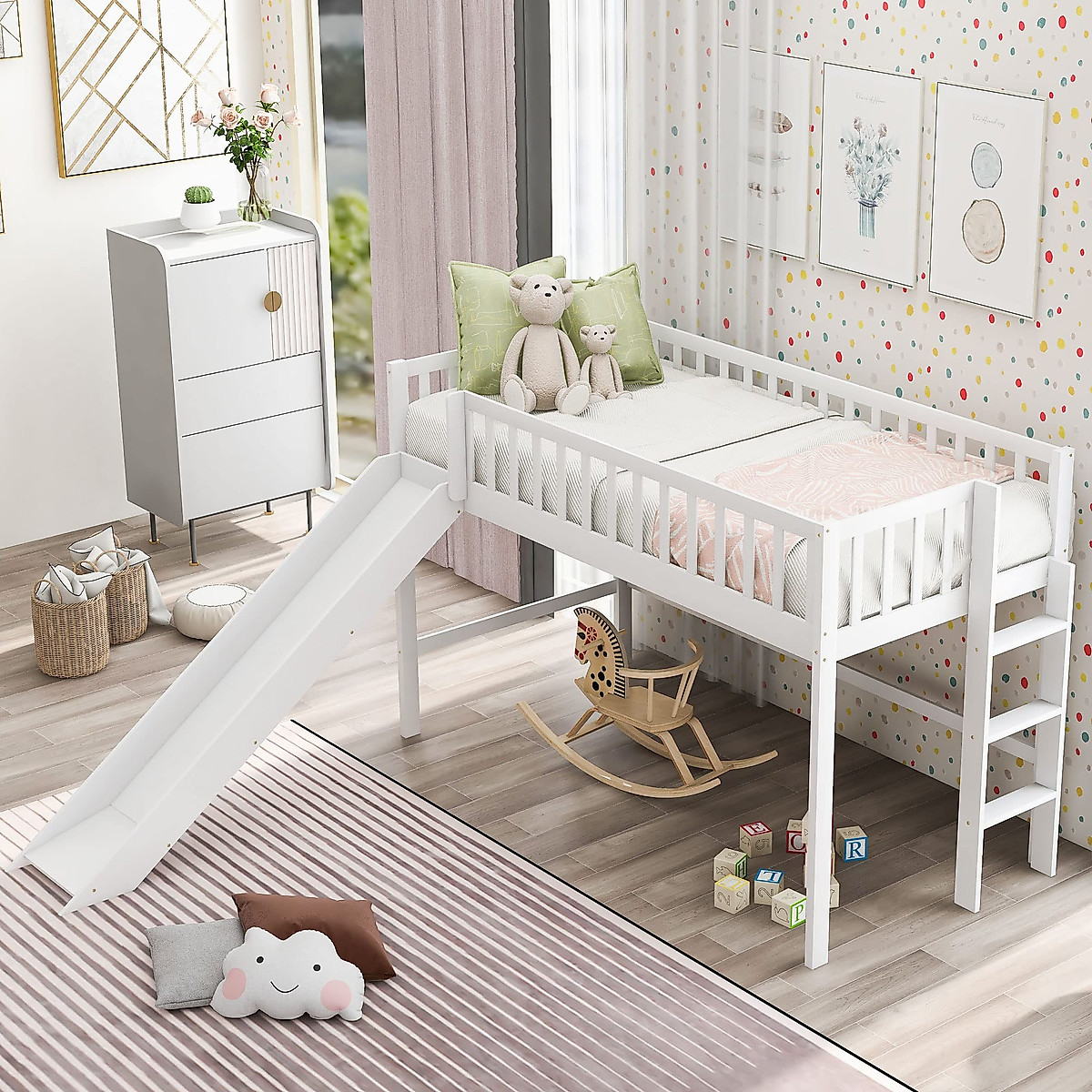 Harper & Bright Designs Low Loft Bed with Slide Kids Loft Bed Twin, Wood Twin Size Loft Bed for Kids, Girls,Boys,No Box Spring Needed, White