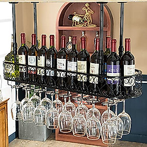 LAJUU Wine Racks,Wine Glass Holder with Guardrail,Hanging Wine Glass Rack Stemware Holder Wrought Iron,Wine Bottle Holder for Shelf Adjustable Height for Bars Restaurants Kitchens/Black/120 * 25Cm