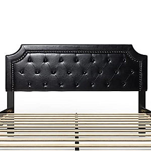BONSOIR Bed Frame Upholstered Low Profile Platform Bed with Tufted Faux Leather Headboard/No Box Spring Needed/No Bed Skirt Needed (Black, Queen Size)
