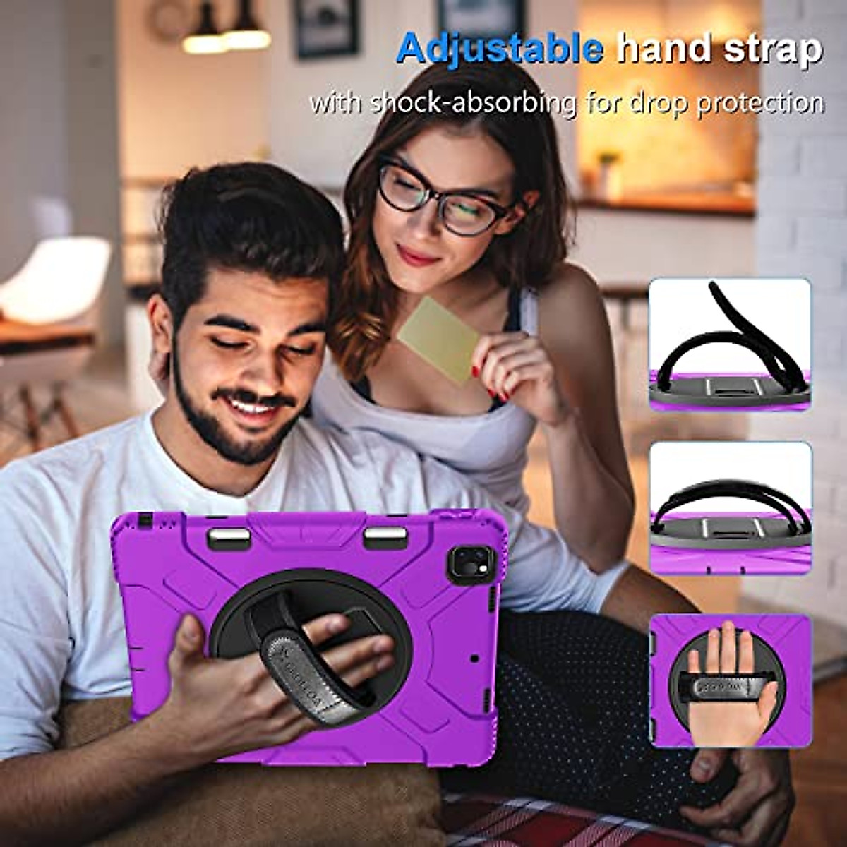GROLEOA for iPad Pro 12.9 Inch Case 2022/2021 (6th 5th Generation): Military Grade Full-Body Protective Cover Case for iPad Pro 12.9 6th/5th Gen - Rotating Stand - Hand/Shoulder Strap, Purple