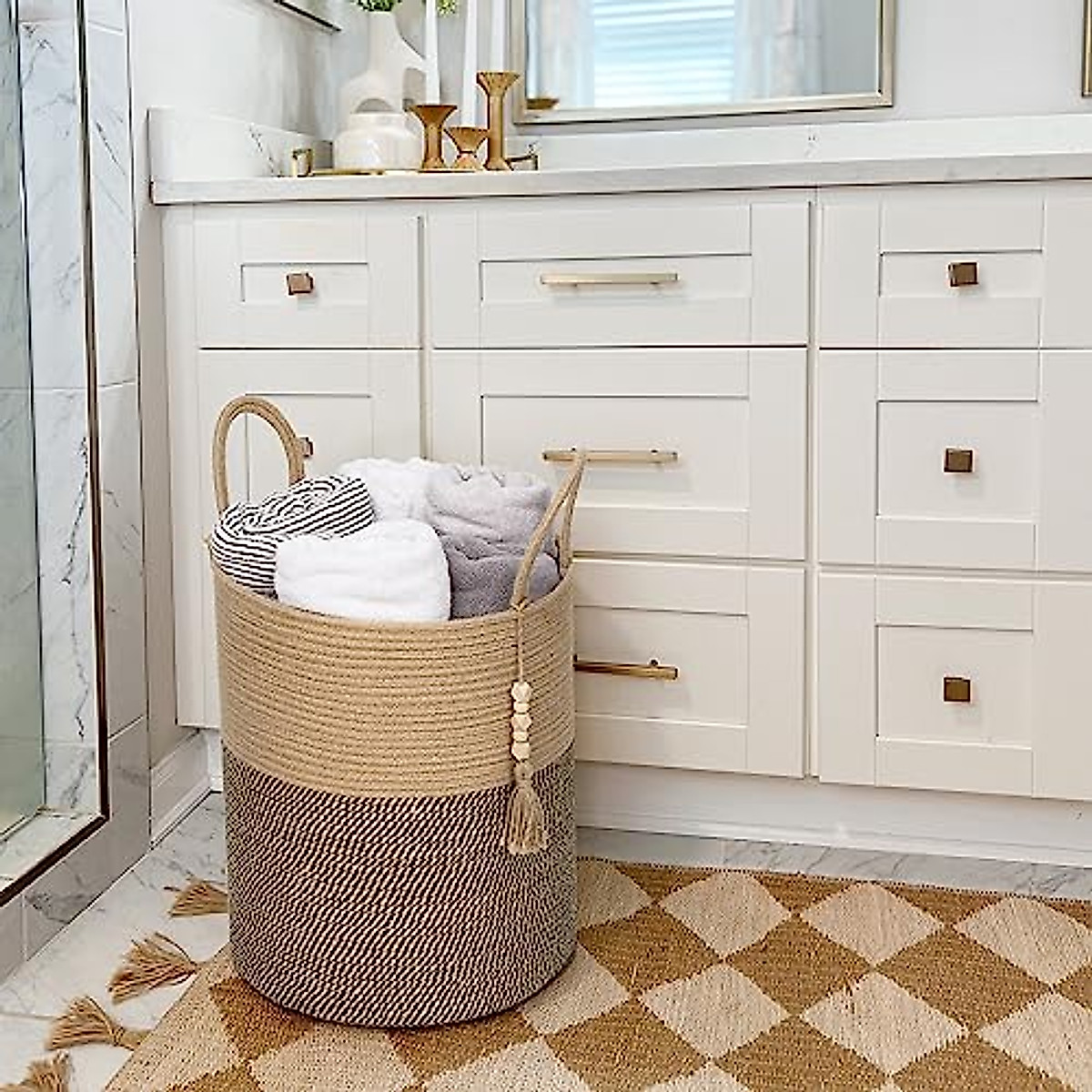 CherryNow Tall Laundry Hamper Woven Storage Basket, Shoe Basket for Entryway, Blanket Basket Living Room, Decorative Basket for Toys, Clothes, 15 x 17.7 Inches, Black & Jute