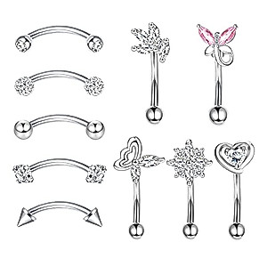 EVISPOL 10Pcs Eyebrow Piercing Jewelry Eyebrow Rings 16G Curved Barbell Cartilage Earring Lip Belly Rings Daith Rook Earrings Helix Conch Piercing Tragus Earrings for Women Men-Silver-8mm